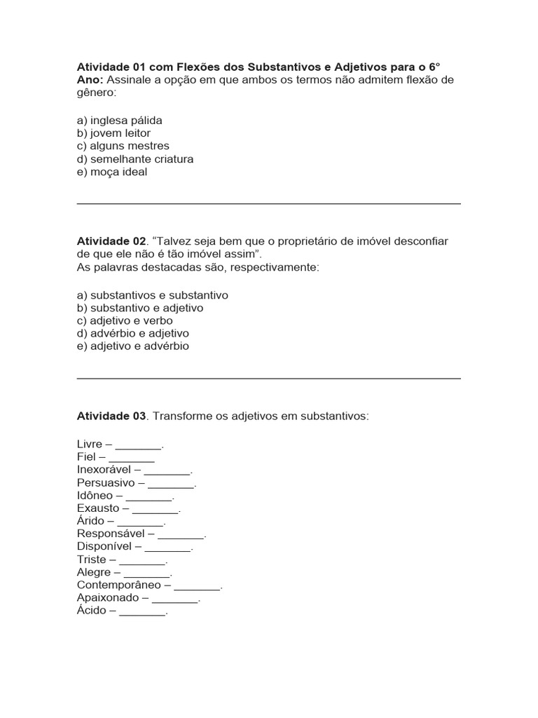 Atividade 01 Com Flexões Dos Substantivos e Adjetivos para o 6 | PDF | Adjetivo | Plural