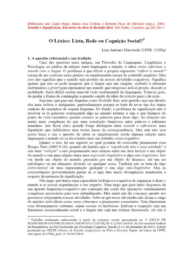 MARCUSCHI - O Léxico - Lista, Rede Ou Cognição Social | PDF