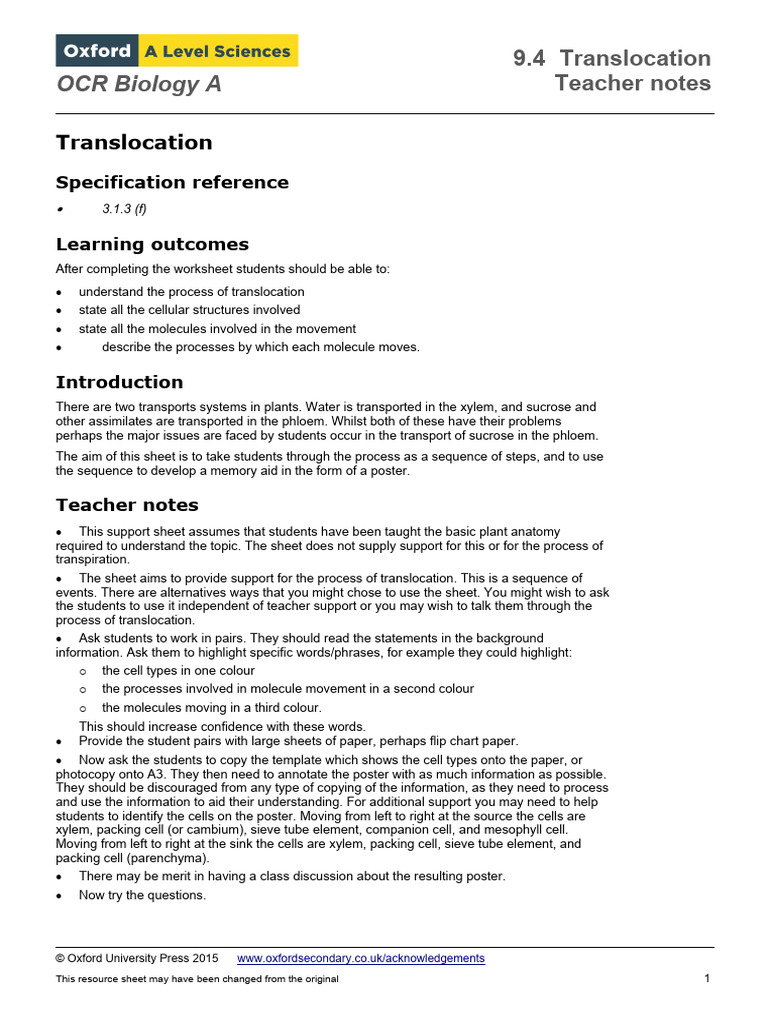 Translocation Answers | PDF | Anatomy | Plants