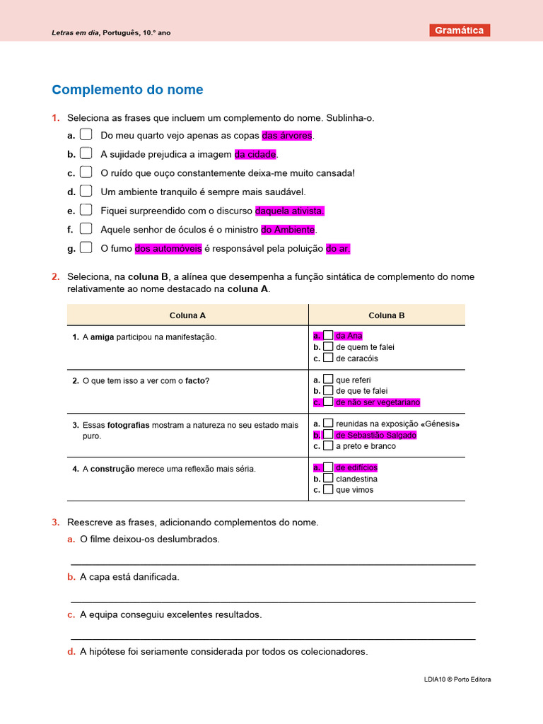 Ldia10 Ficha Gramatica Complemento Nome | PDF