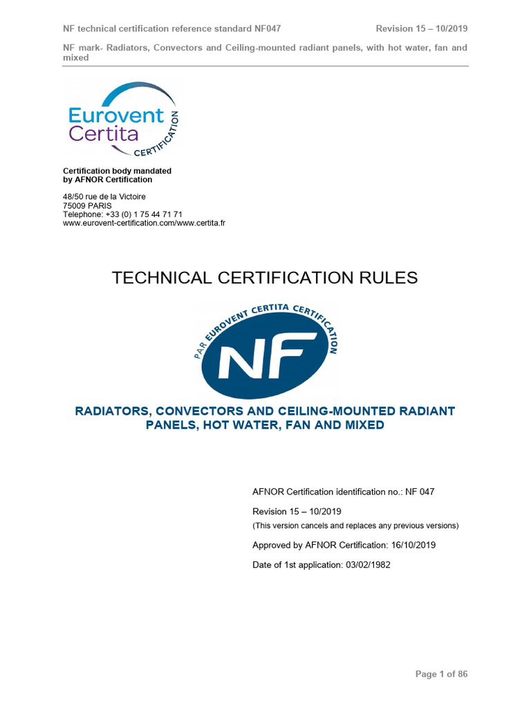 NF 047 Radiator Certificate | PDF | Specification (Technical Standard ...