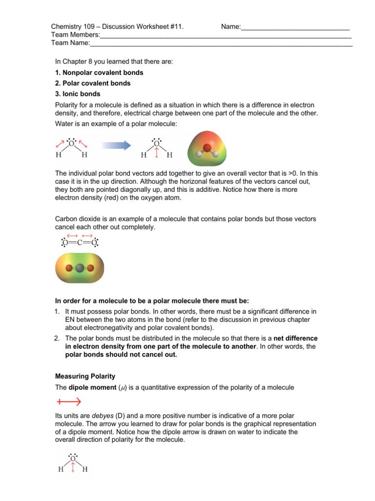 Discussion Worksheet #11 - Molecular Shapes and Polarity - 093640 | PDF