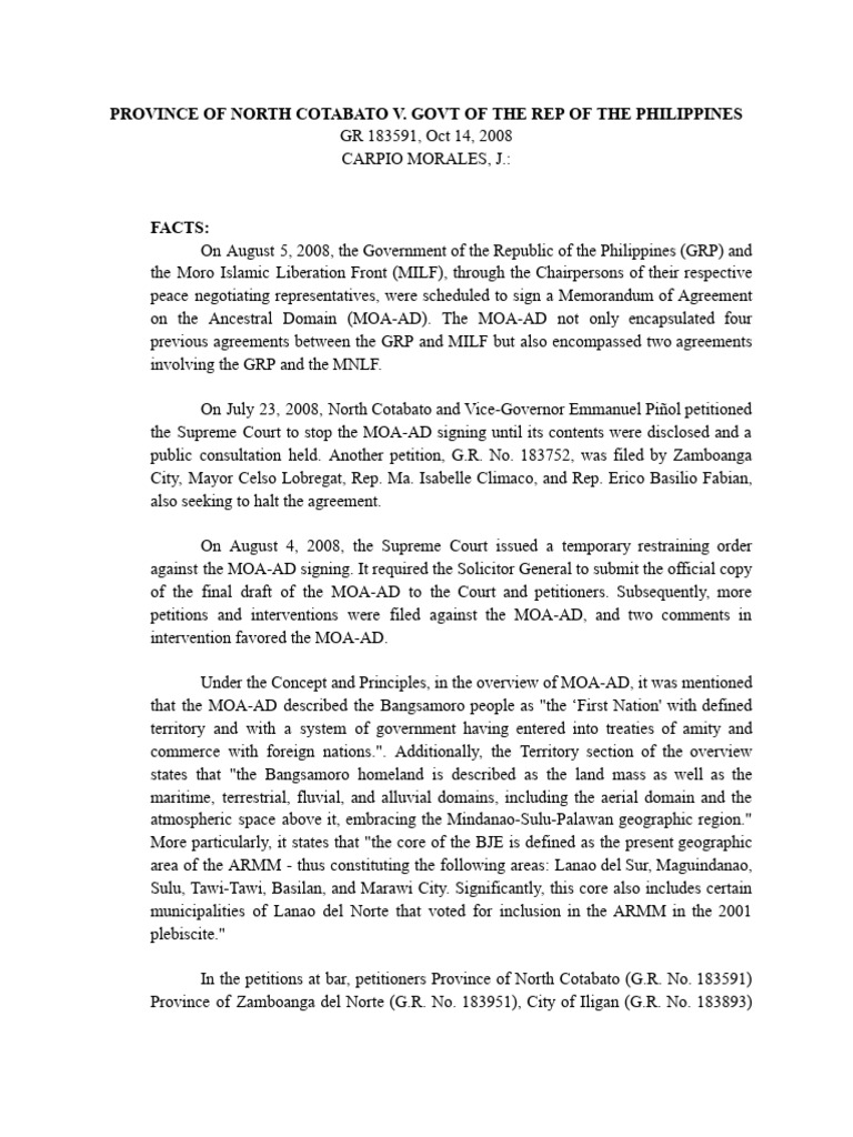 Case No. 1 - Province of North Cotabato v. Govt of The Rep of The Philippines | PDF | Justice ...