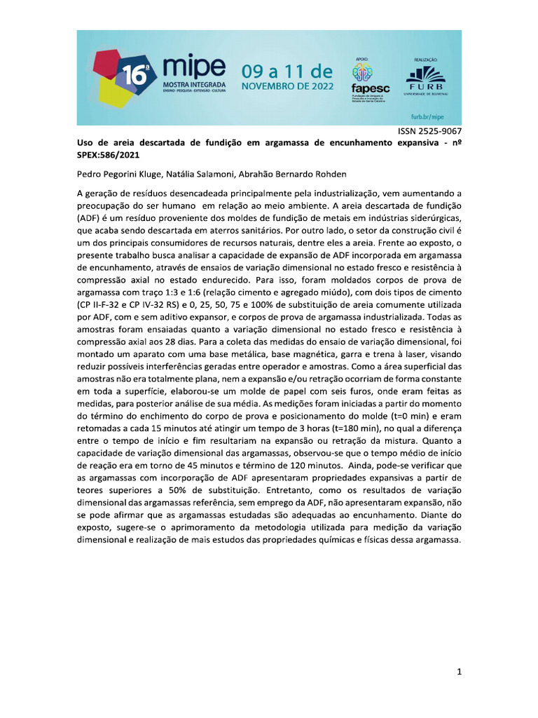 MIPE 2022 - Uso de Areia Descartada de Fundição em Argamassa de ...