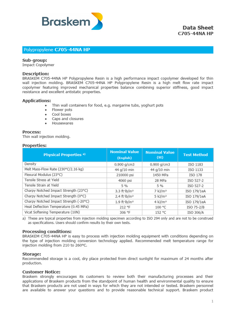 TDS Braskem Polypropylene C705-44NA HP | PDF | Strength Of Materials ...