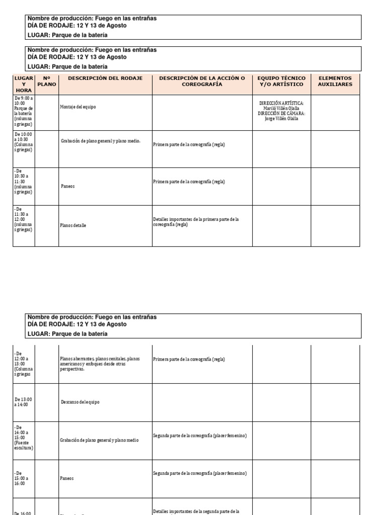 Plantilla Plan de Rodaje Por Planos | PDF