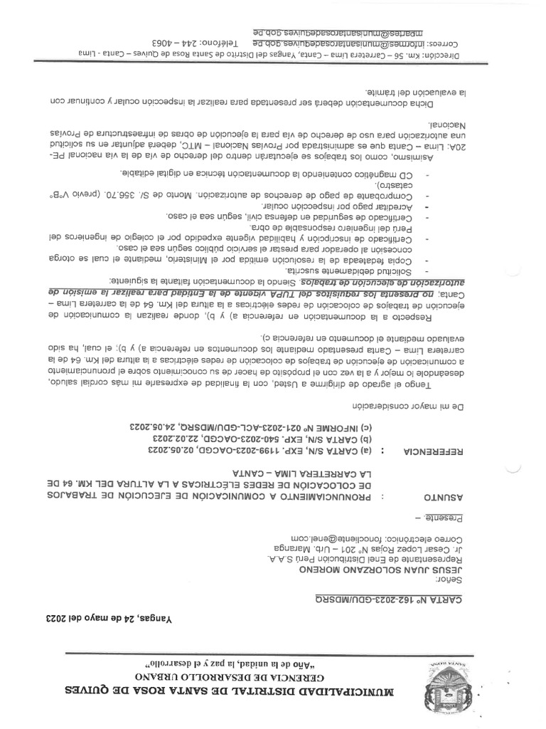 Carta #162-2023-Gdu-Mdsrq - Respuesta A Enel | PDF