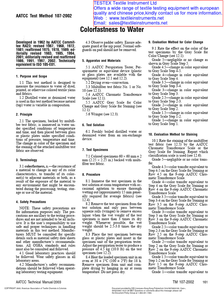 AATCC107-2002 - Colorfastness To Water | PDF | Textiles | Materials
