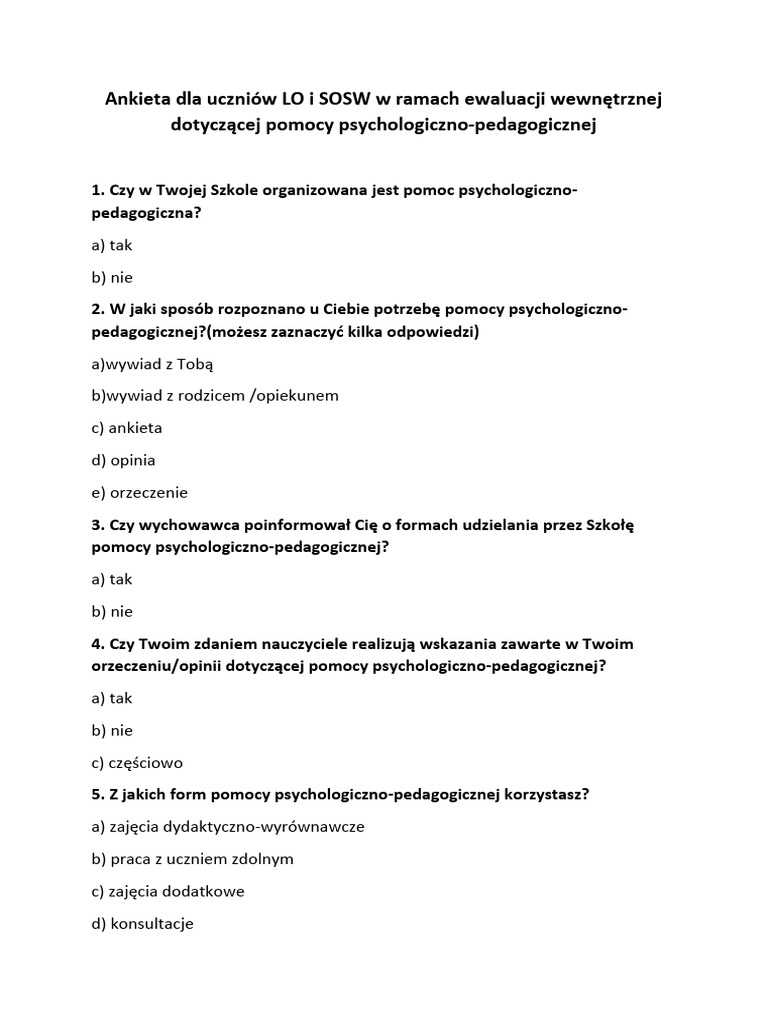 Ankieta Dla Uczniów | PDF