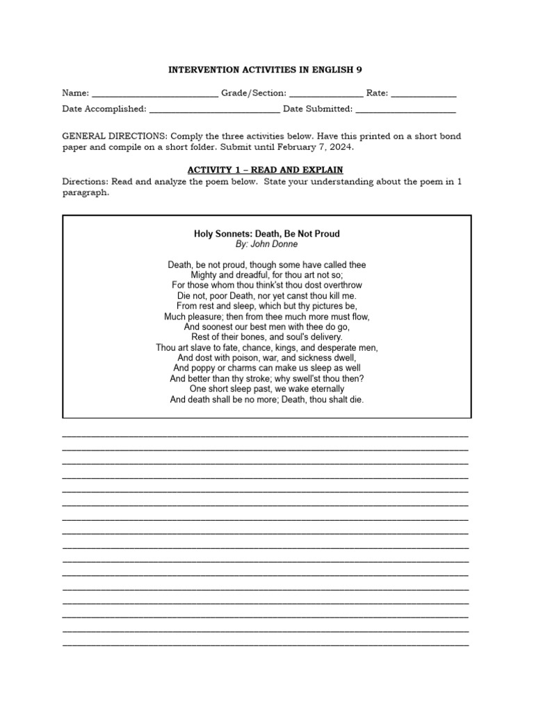 English 9 Intervention Tasks | PDF | Poetry