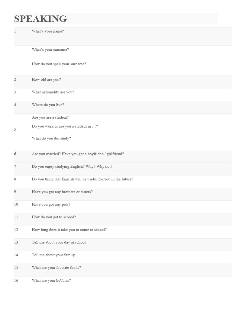 KET - Speaking Questions | PDF | Language Arts & Discipline