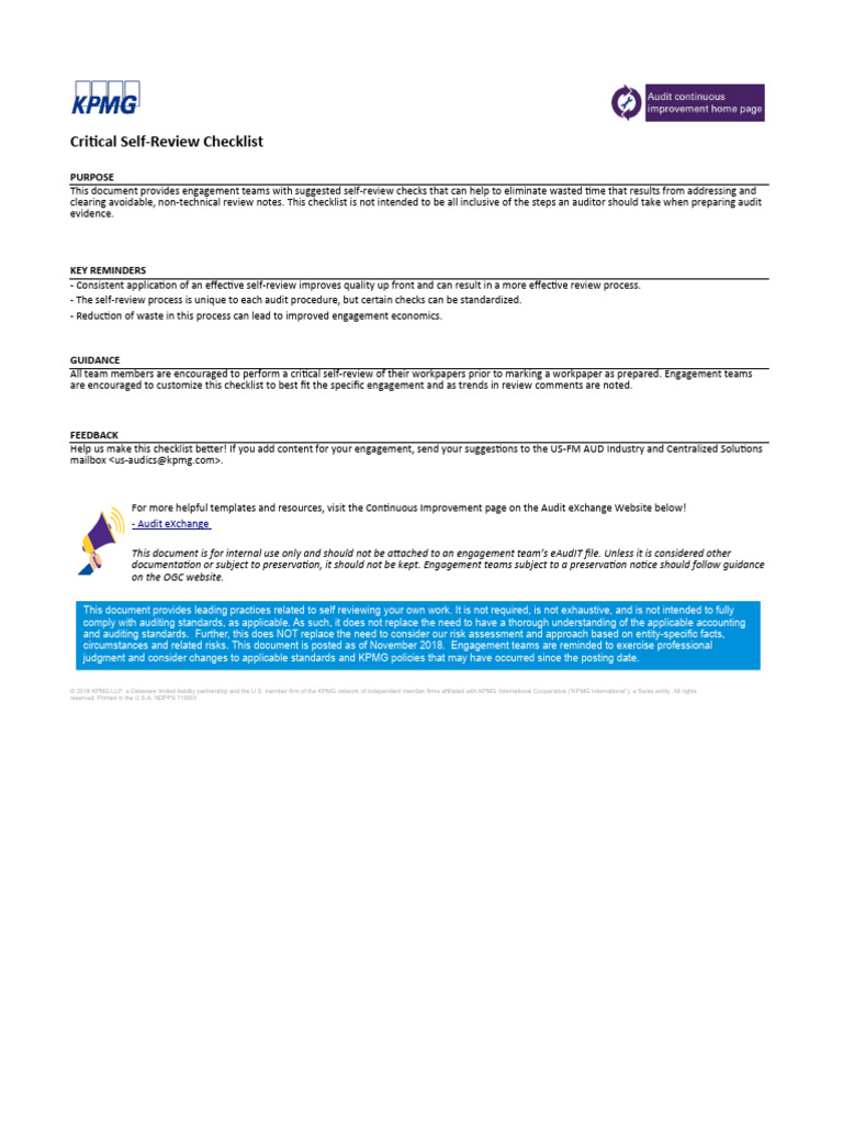 KPMG Workpaper Critical Self Review Checklist | PDF | Audit | Spreadsheet
