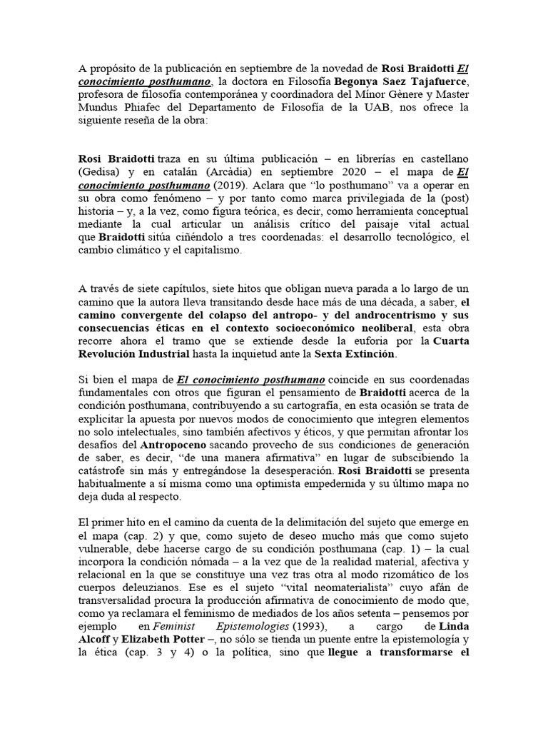 Resumen Braidotti | PDF | Conocimiento