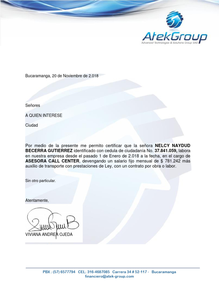 Certifiacion Laboral Atek | PDF