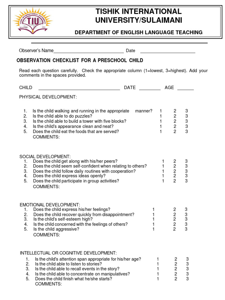 Preschool Child Observation Checklist Form | PDF | Preschool | Behavior ...