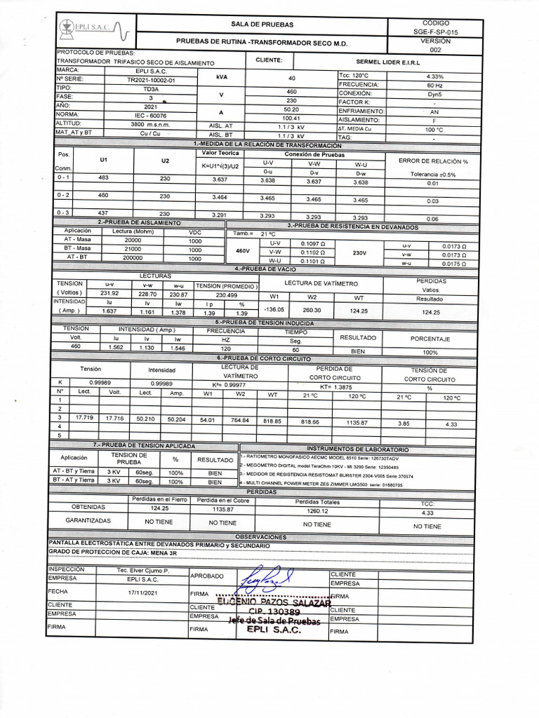 Protocolo de Pruebas - Transformador Seco | PDF