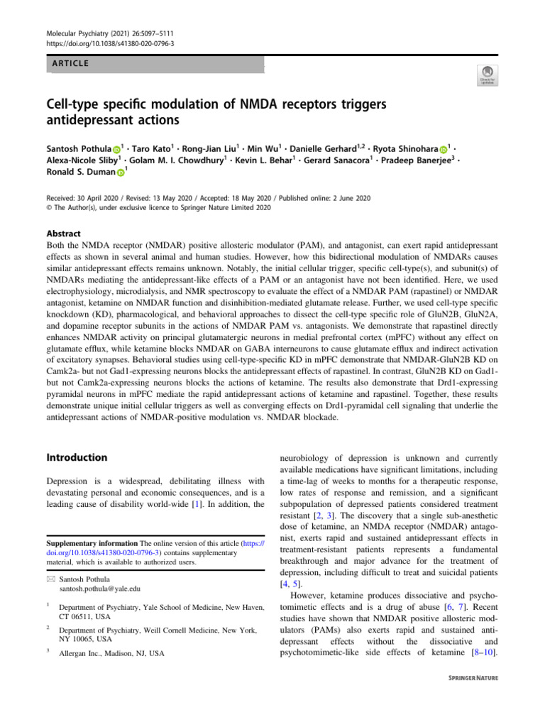 Cell-Type Specific Modulation of NMDA Receptors Triggers Antidepressant Actions | PDF | Nmda ...