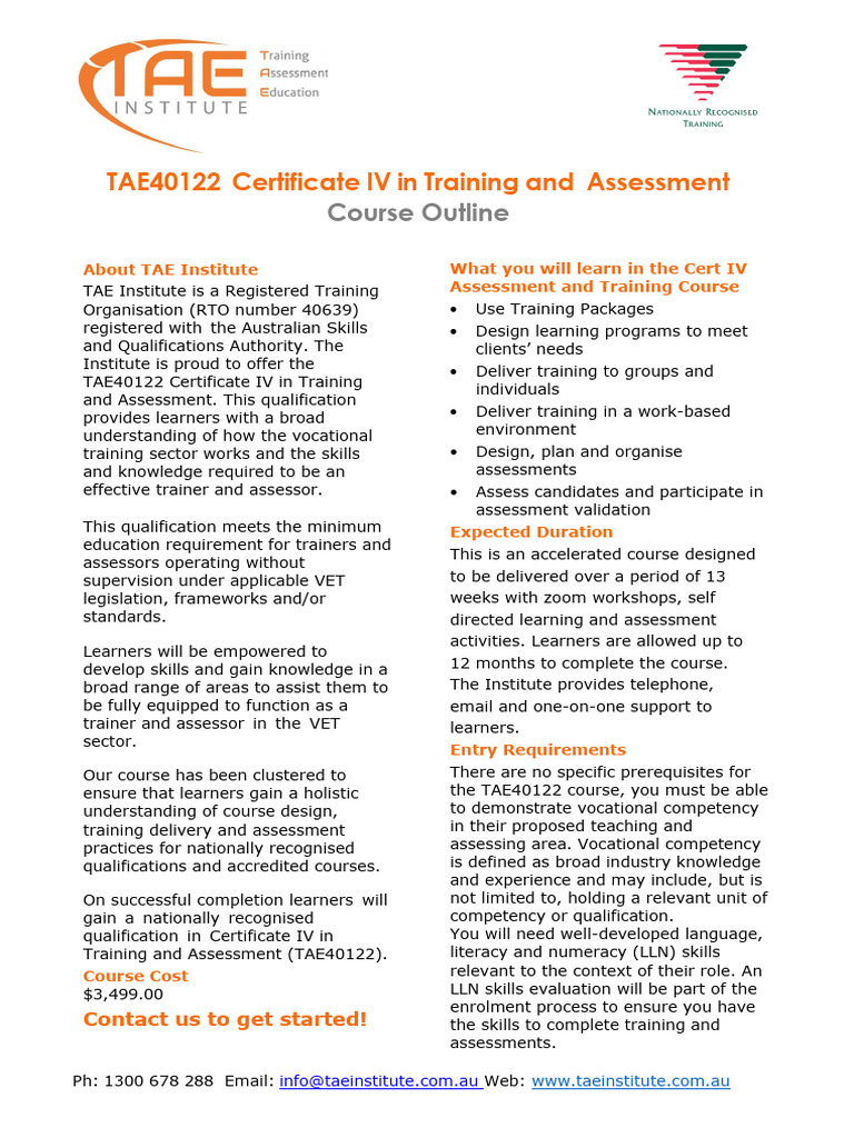 TAE Course Outline v1 January 2024 | PDF | Vocational Education | Learning