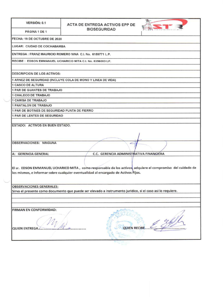 Acta Entrega Epp y Bioseguridad | PDF