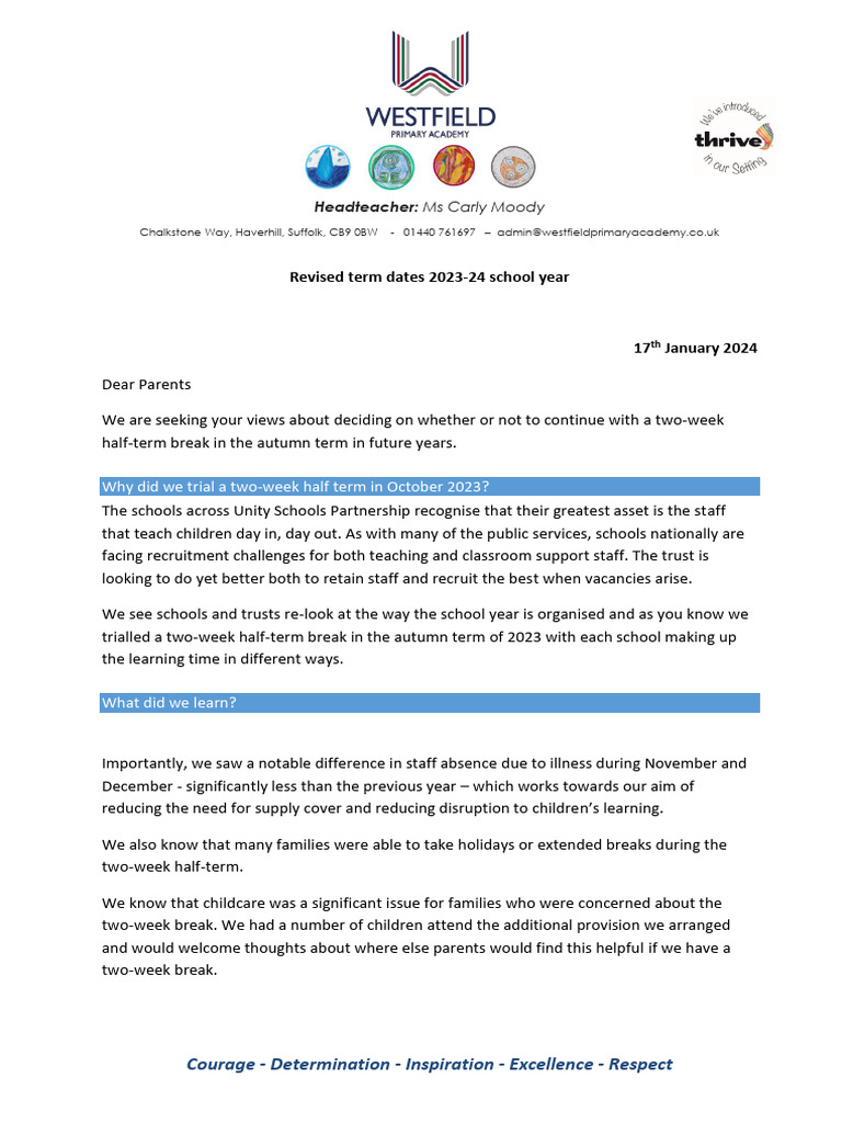 Letter To Parents Half Term Oct 24 | PDF | Academic Term