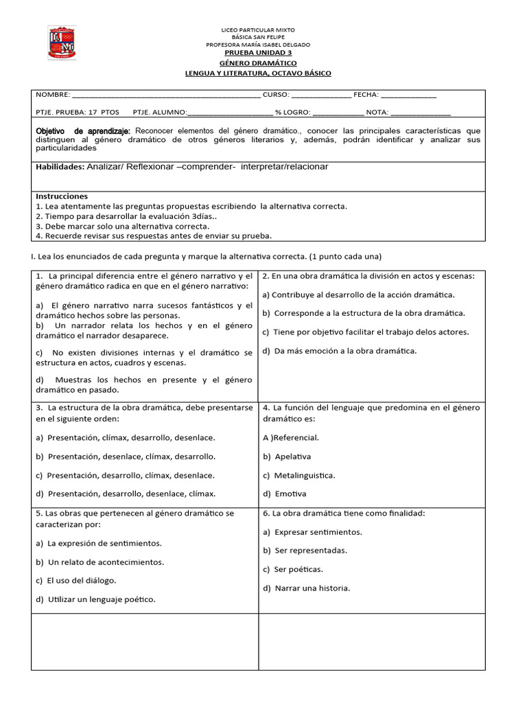 Prueba Género Dramático | PDF | Narración | Teatro