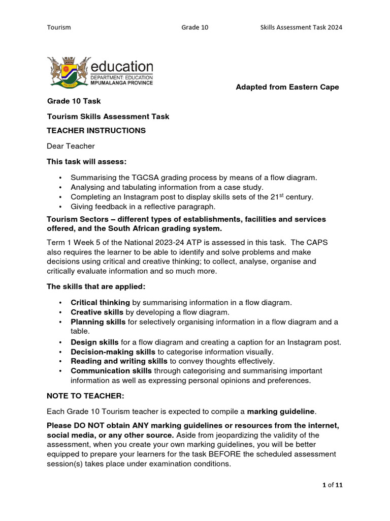 Grade 10 Tourism Skills Assessment Task 2024 | PDF | Learning | Creativity