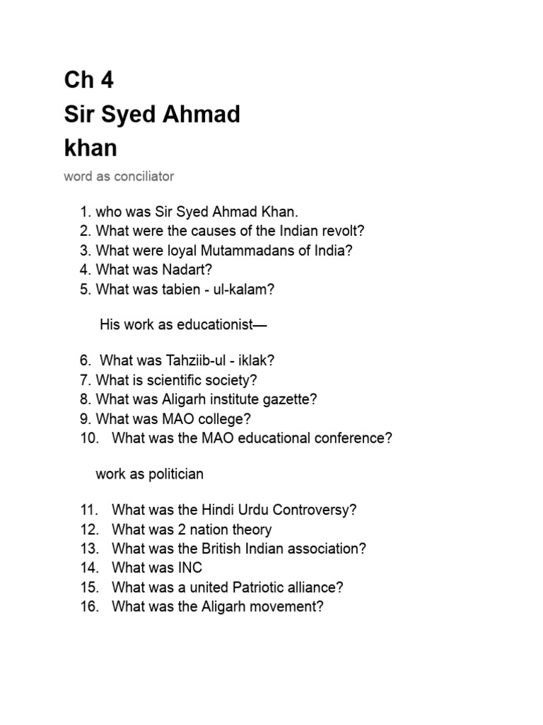Sir Syed Ahmed Khan 4 Marks Questions | PDF | Urdu