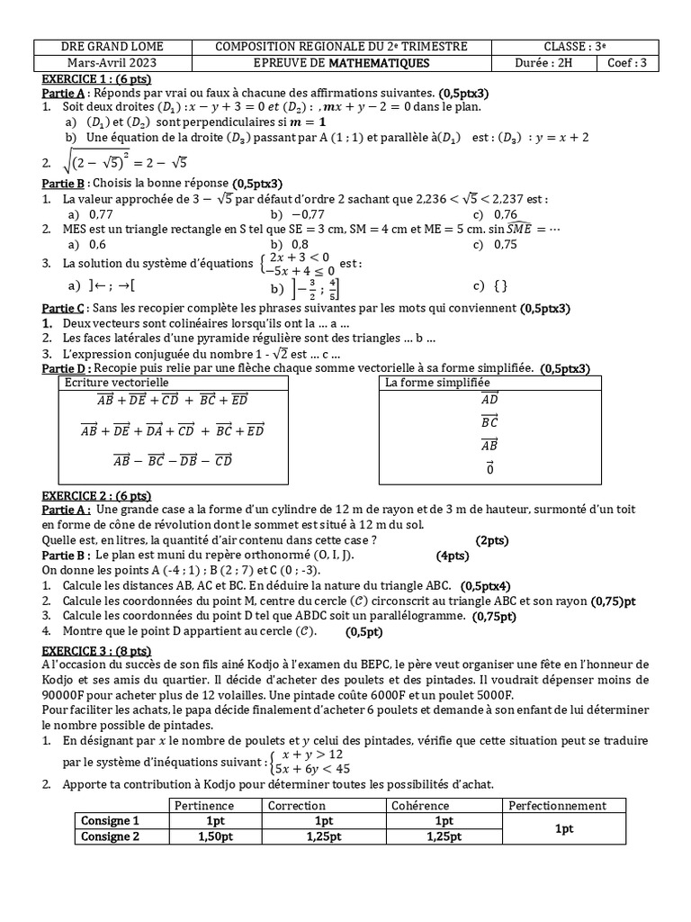 Épreuve de Mathématiques 3e - 2023 | PDF