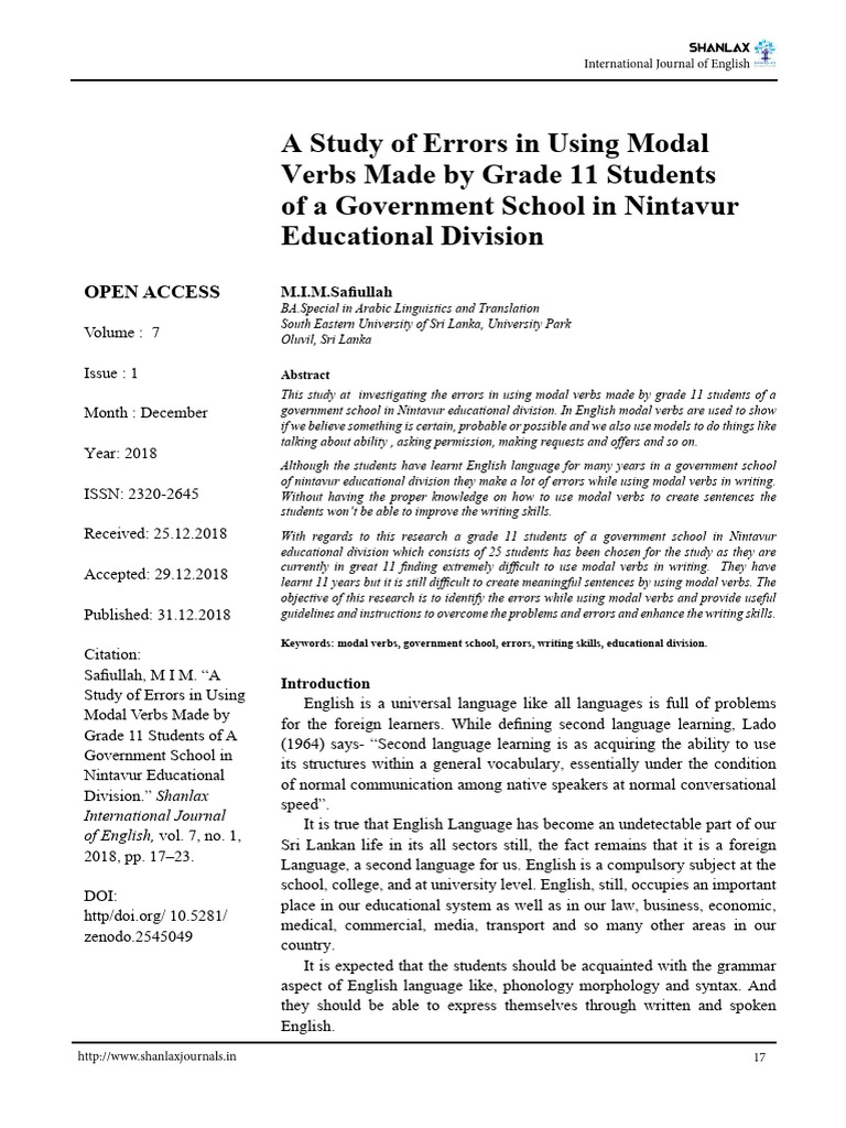 A Study of Errors in Using Modal Verbs Made by Grade 11 Students of A ...