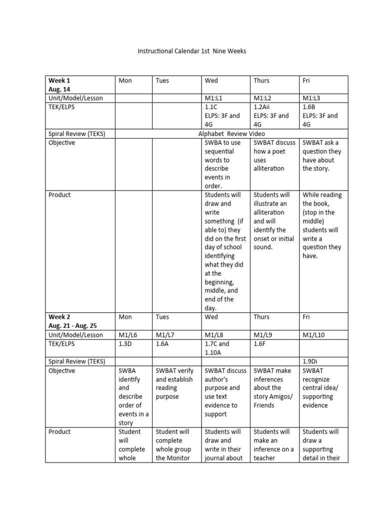 1st Grade - SLAR - ELAR 1st Nine Weeks Instructional Calendar Template ...