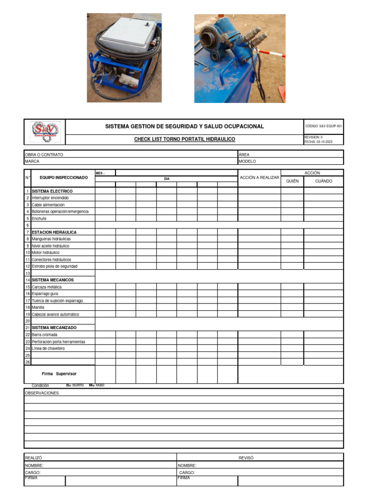Check List Torno Portatil Hidraulico | PDF