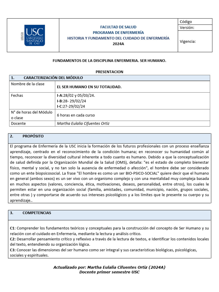 Guía Trabajo Independiente Ser Humano 2024a | PDF | Enfermería | Maestros