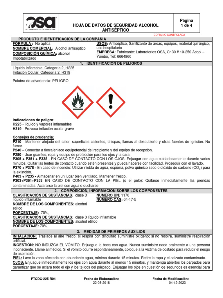 FTCDC-225 R04 Hoja de Seguridad Alcohol Antiseptico | PDF | Agua | Etanol