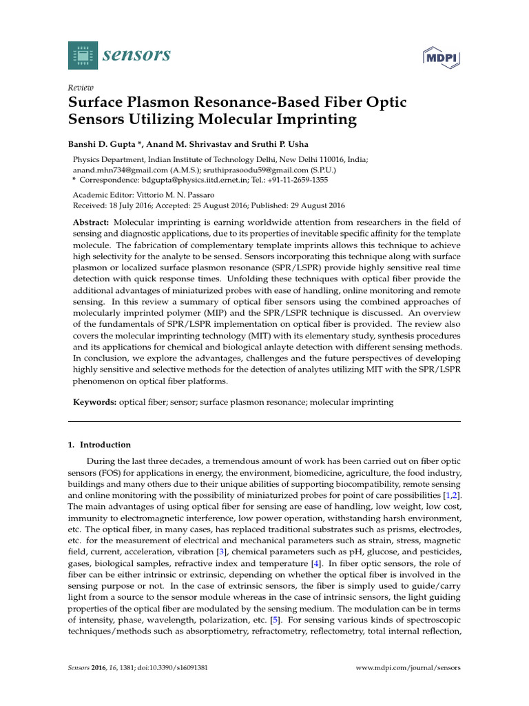 SPR Fiber Optic Sensors with Molecular Imprinting | PDF | Surface Plasmon Resonance | Waves