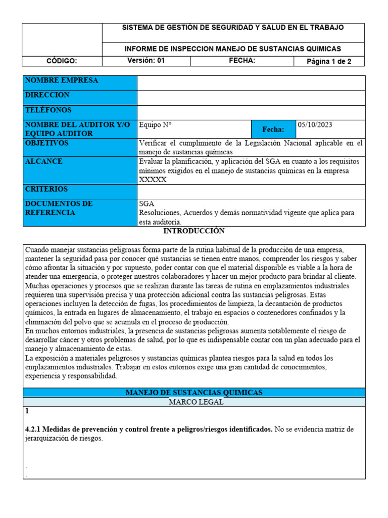 Informe de Inspeccion Manejo de Sustancias Quimicas | PDF | Business