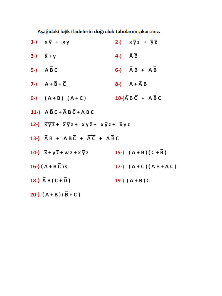 1-Boolean Ifadelerinin Doğruluk Tablolarının Oluşturulması - Sorular | PDF