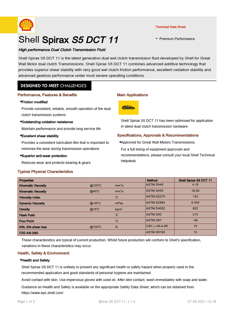 Shell Spirax S5 DCT 11: Performance, Features & Benefits Main Applications | PDF | Viscosity ...