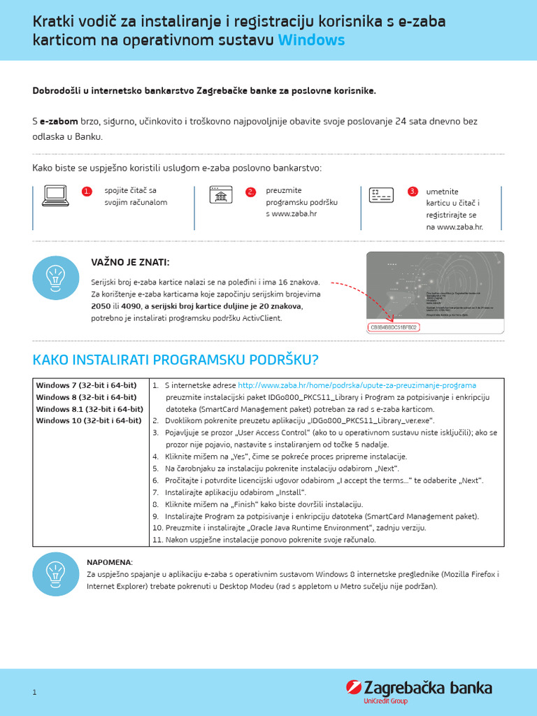 Kratki Vodic Za Instaliranje I Registraciju Korisnika S e Zaba Karticom Na Operativnom Sustavu ...