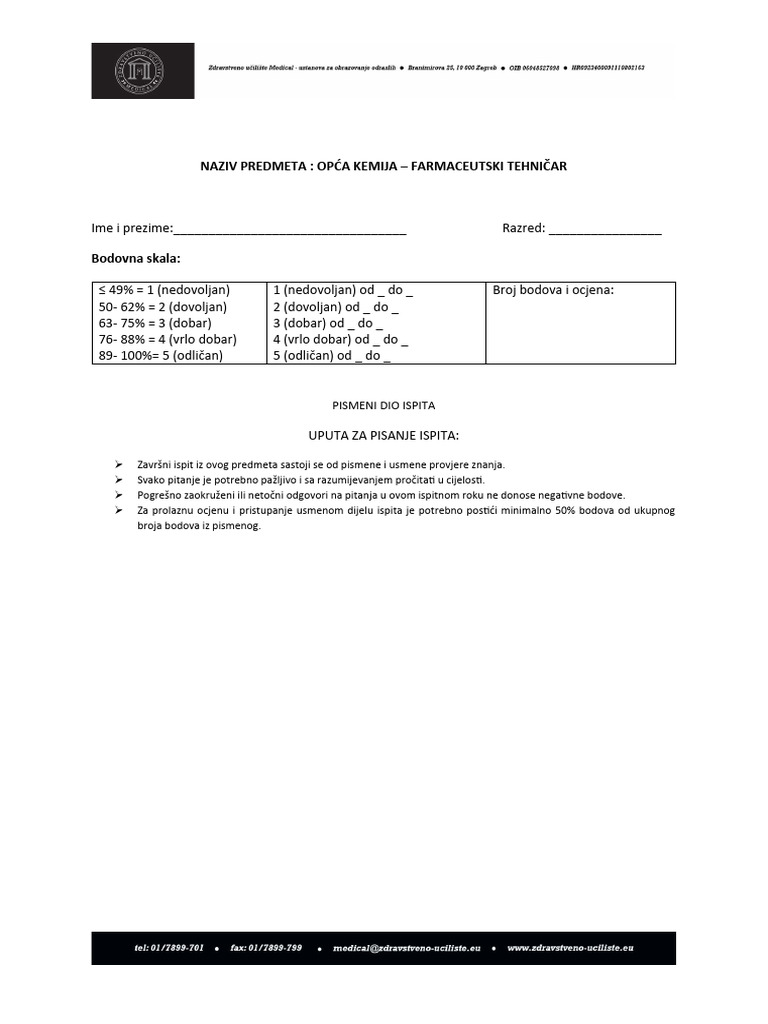kemija ispit farm tehnicari | PDF