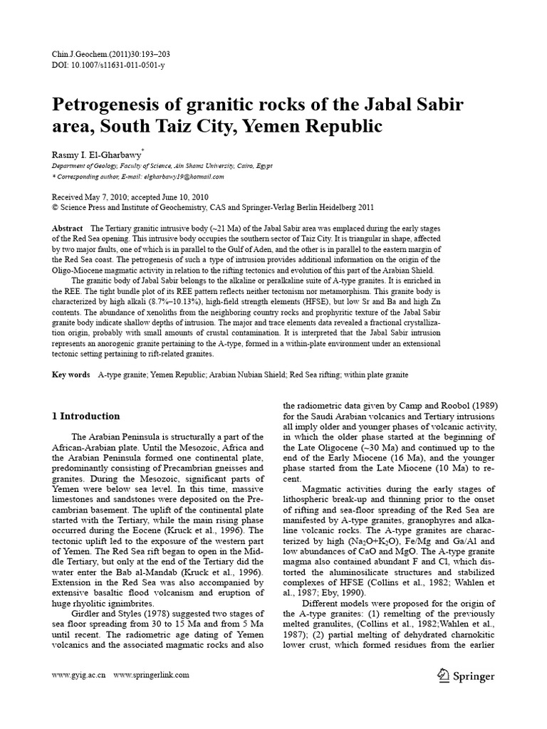 Petrogenesis of Granitic Rocks of The Jabal Sabir Area, South Taiz City, Yemen Republic | PDF ...