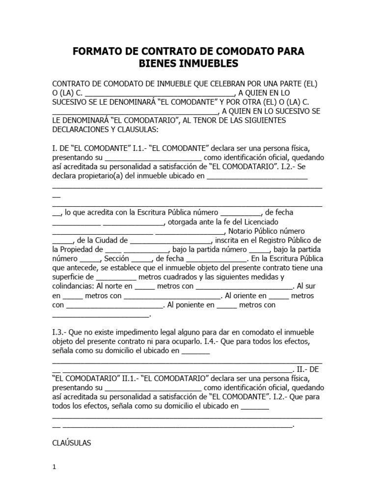 Machote FORMATO DE CONTRATO DE COMODATO PARA BIENES INMUEBLES | PDF | Derecho civil (sistema ...