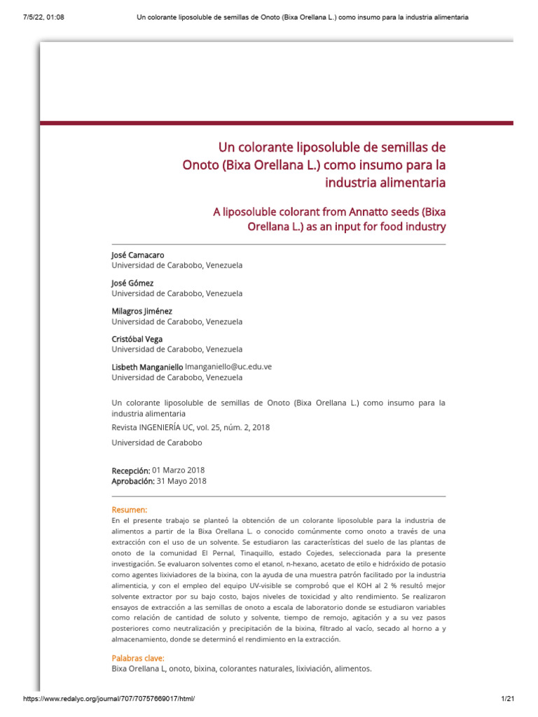 Colorante Liposoluble de Onoto para Alimentos | PDF | Alimentos | Color