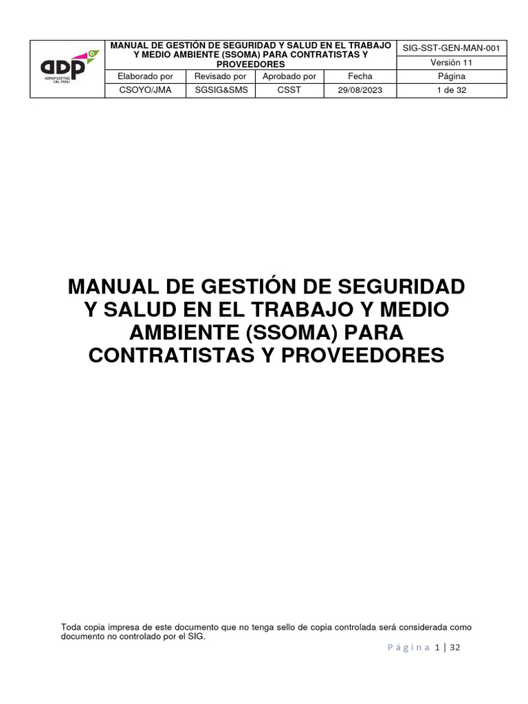 SIG-SST-GEN-MAN-001 Manual de Gestión SSOMA para Contratistas y Proveedores. V11 10 | PDF