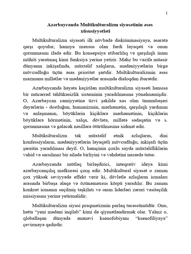 Azərbaycanda Multikulturalizm Siyasətinin Əsas Xüsusiyyətləti | PDF