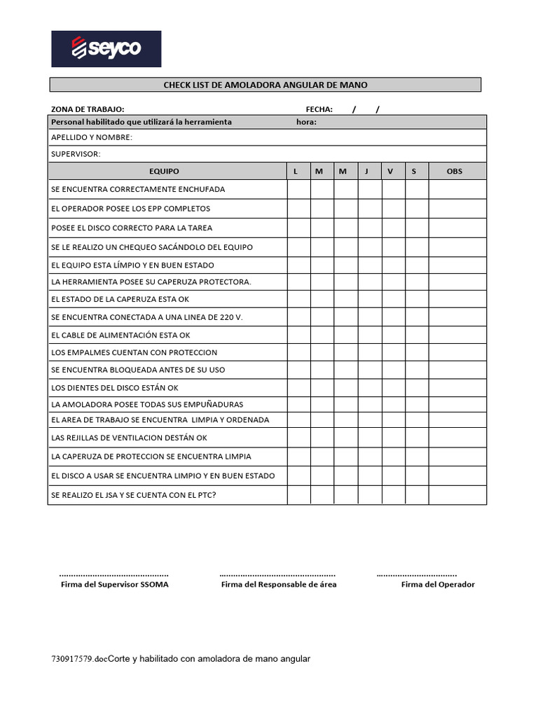 Checklist Amoladora de Mano Angular | PDF Checklist Amoladora de Mano Angular | PDF