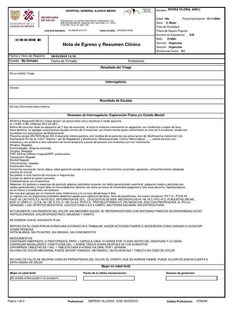 Nota de Egreso y Resumen Clínico - 1709147903760 | PDF | Ciencias de la ...