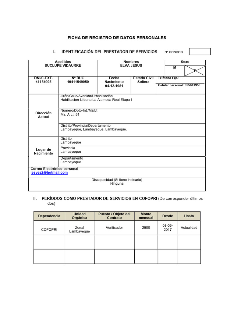 Ficha de Registros de Datos Personales | PDF