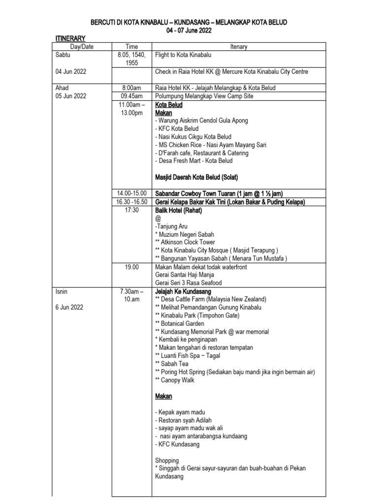 Tentative Itinerary KK (June 2022) v1 | PDF