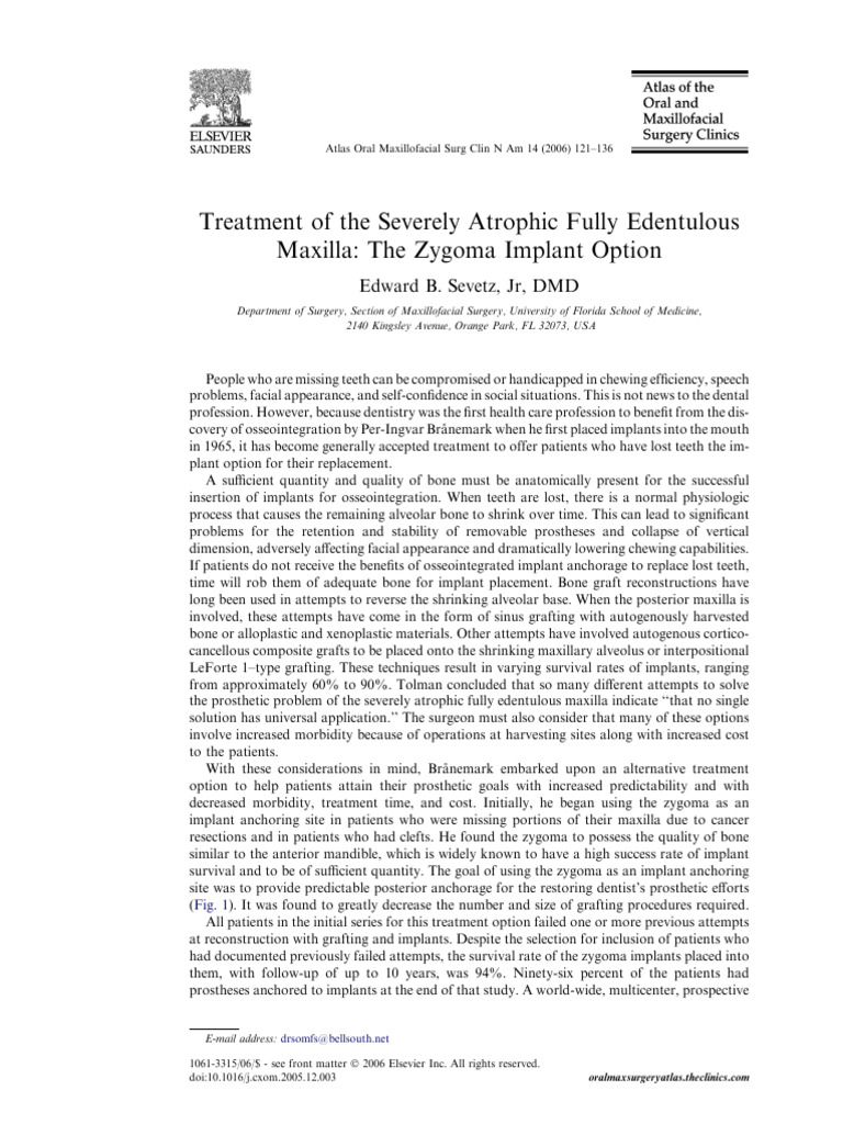 Treatment of The Severely Atrophic Fully Edentulous Maxilla: The Zygoma ...