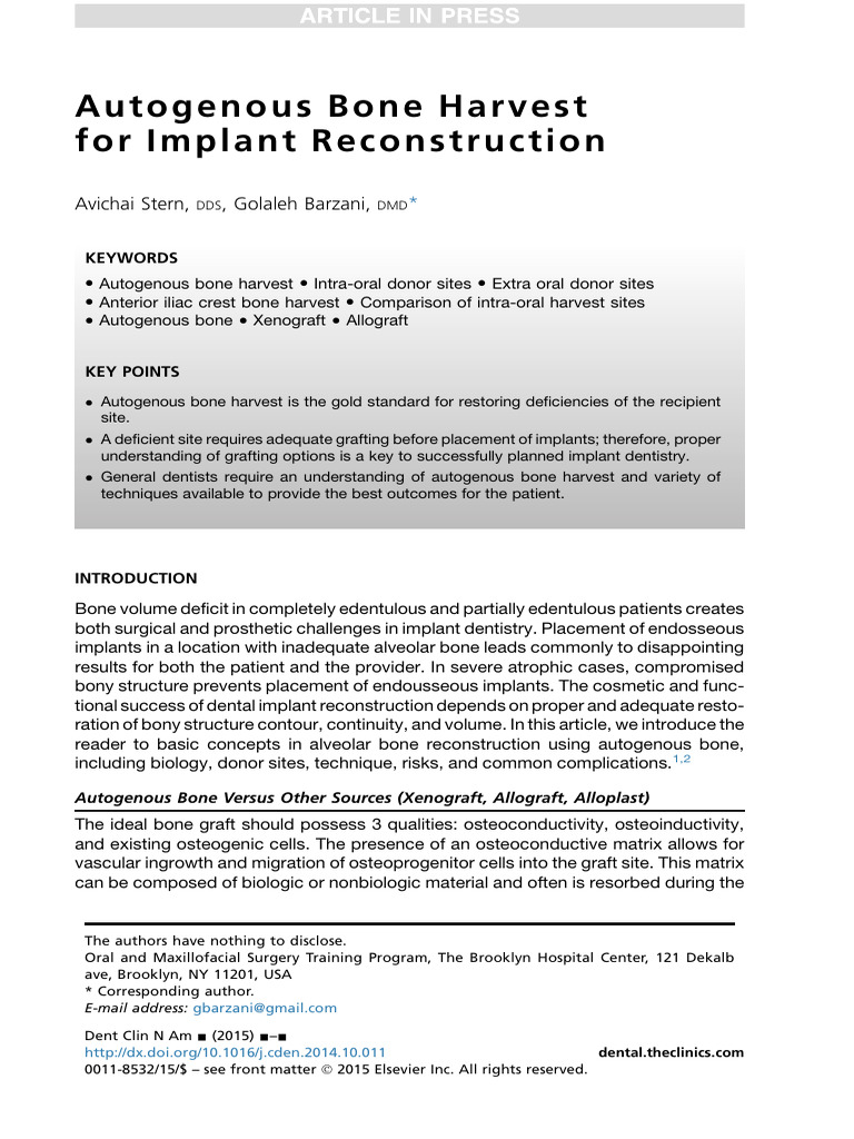 Autogenous Bone Harvest For Implant Reconstruction | PDF | Dental Implant | Bone